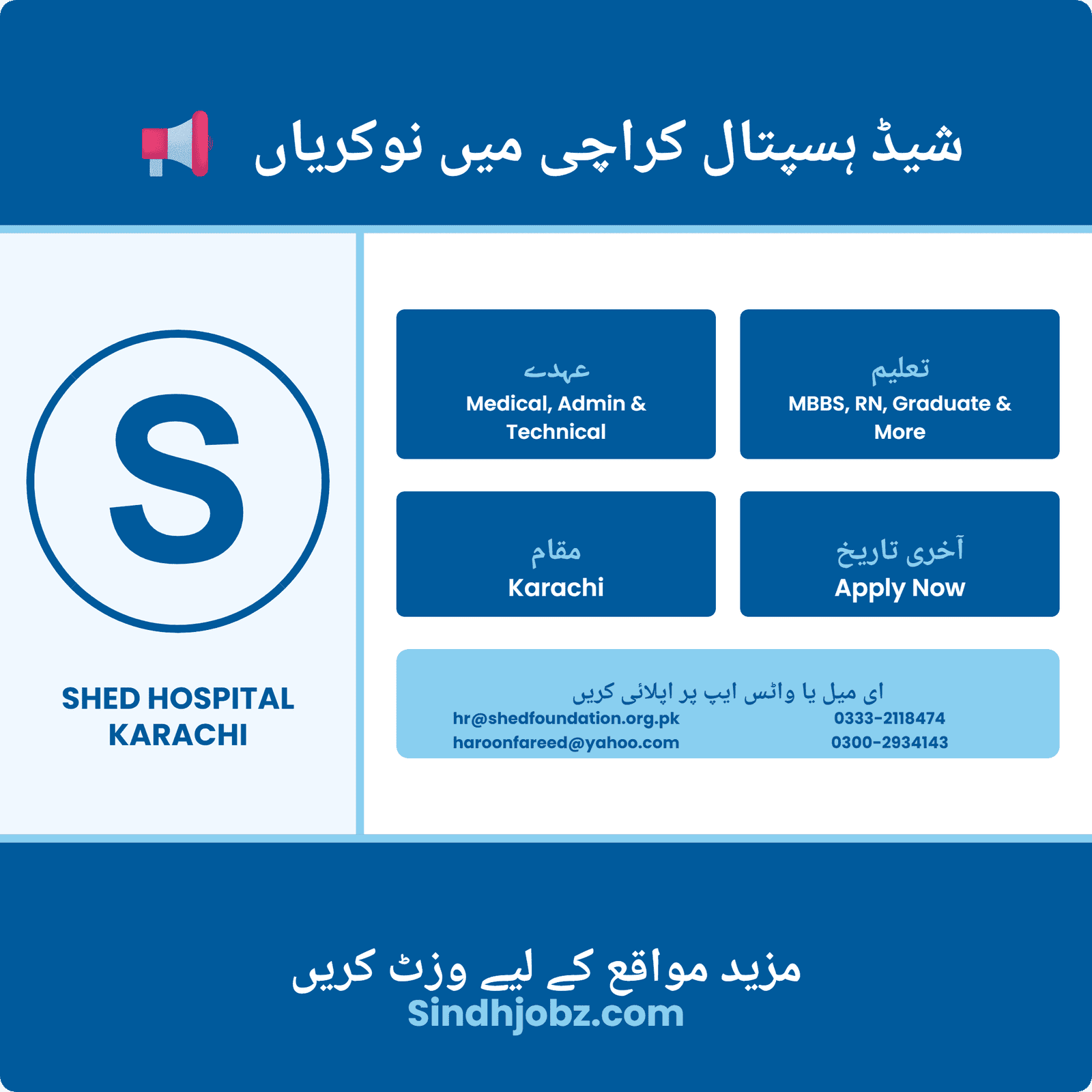 Shed Hospital Karachi Jobs