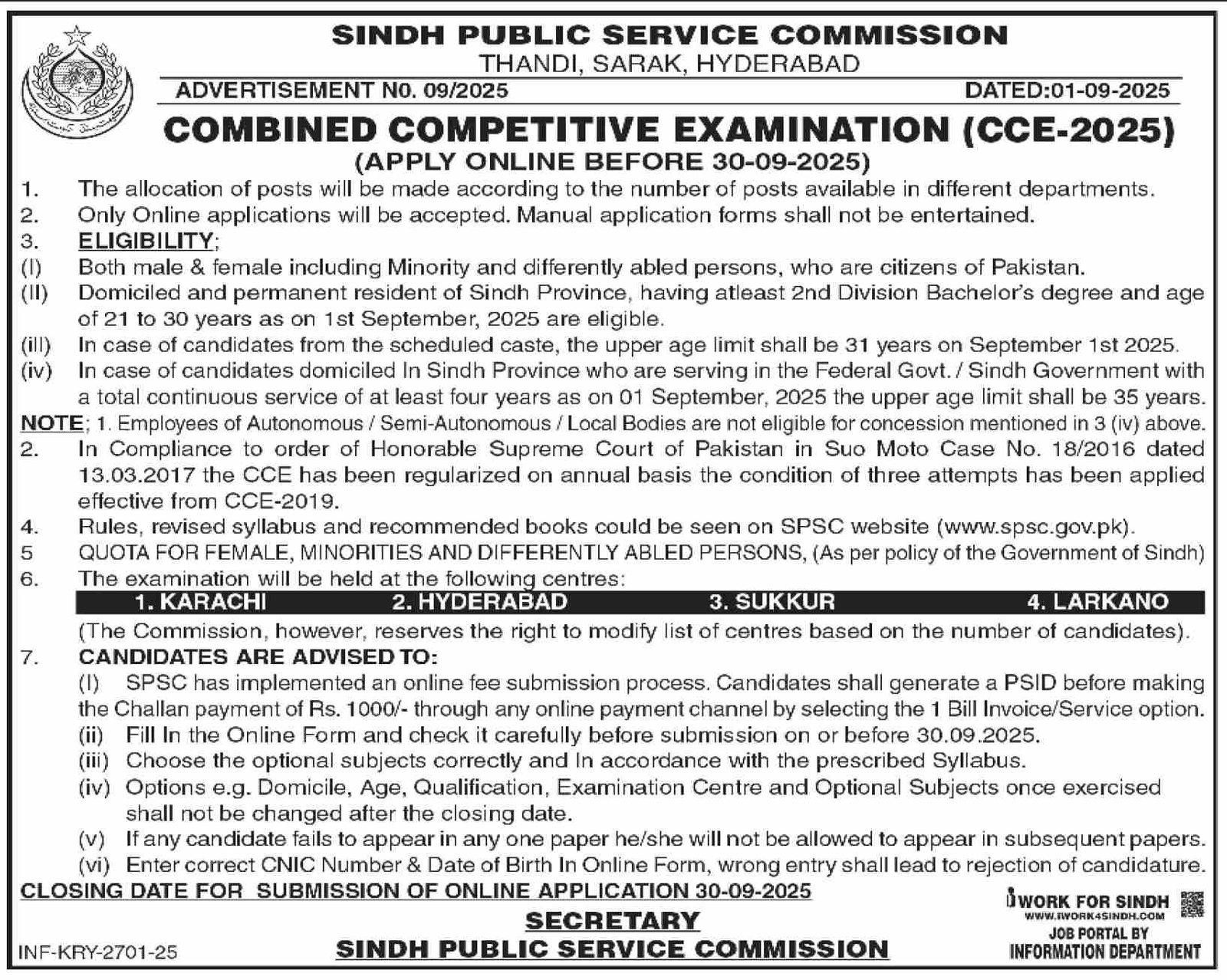 Sindh Civil Service Examination CCE 2025 Announced Online Apply