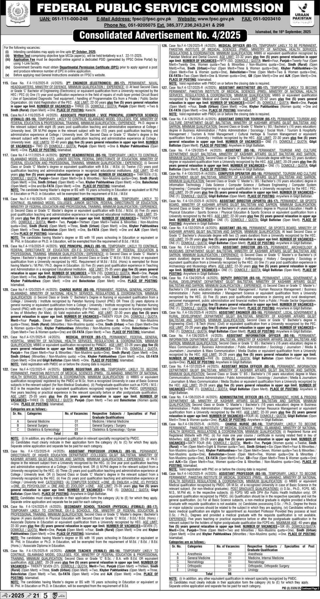 Federal Public Service Commission FPSC Govt Jobs 2025