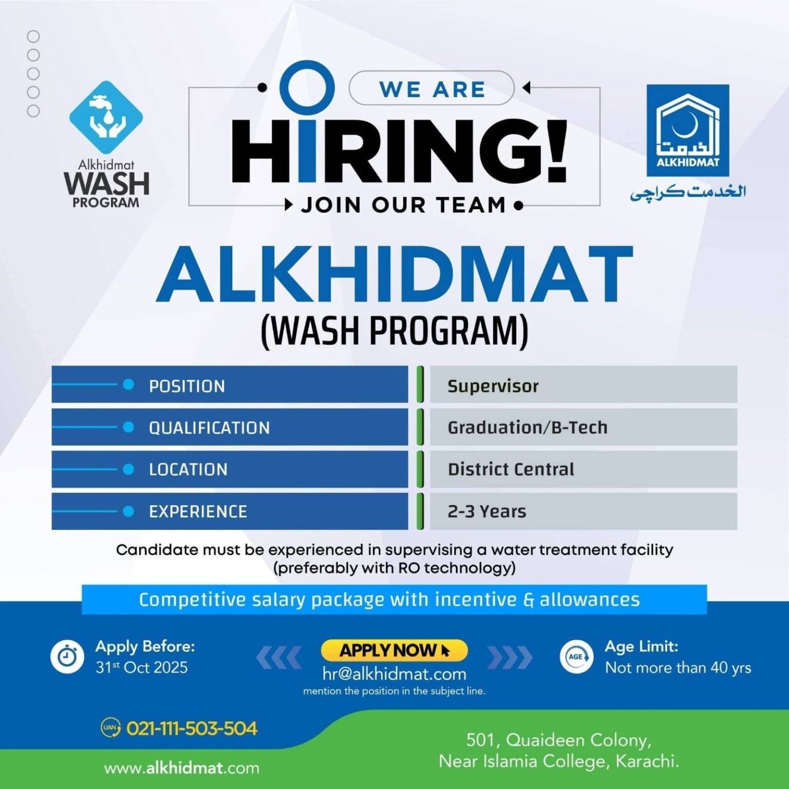Alkhidmat NGO WASH Program Supervisor Karachi Jobs 2025