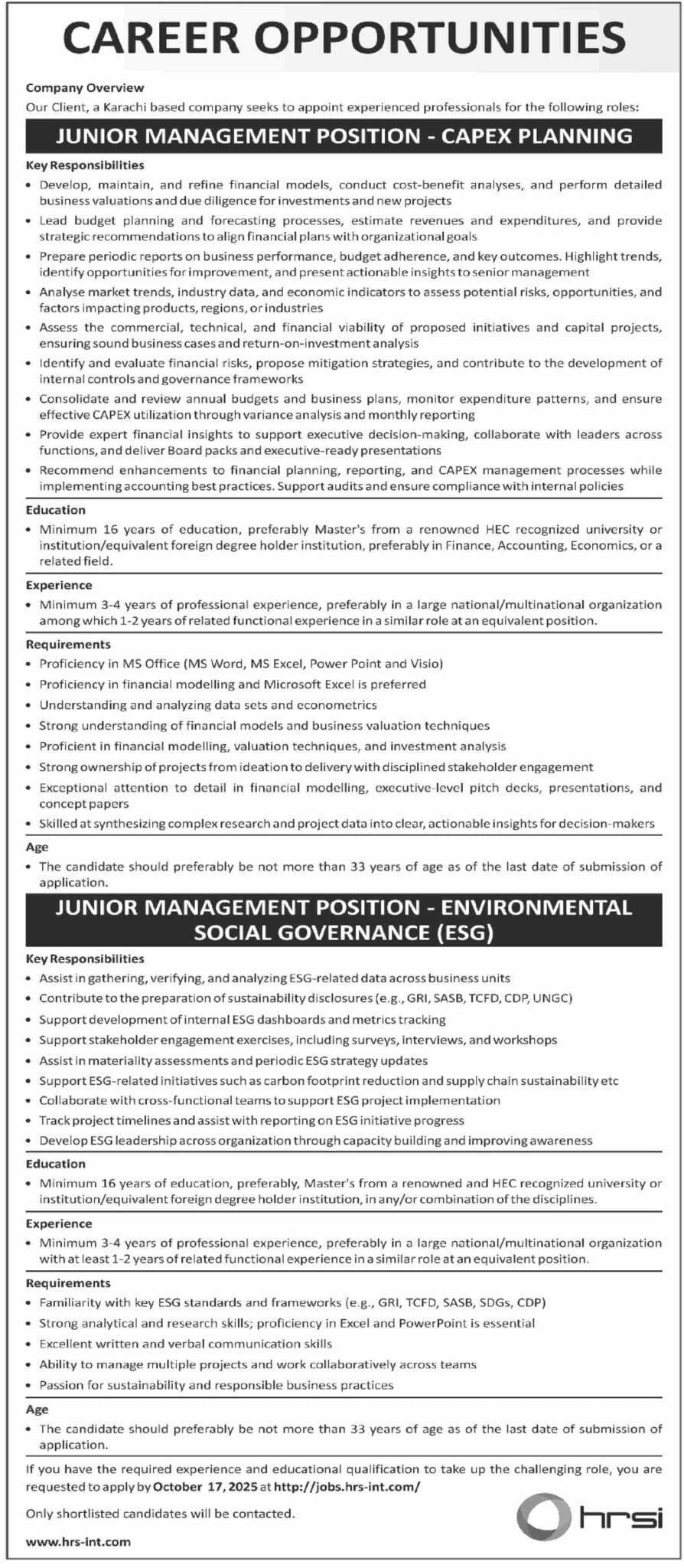 Human Resource Solution International HRSI Karachi Jobs 2025