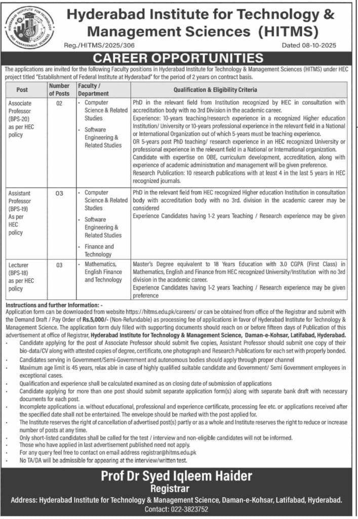 Hyderabad Institute of Technology HITMS Jobs 2025