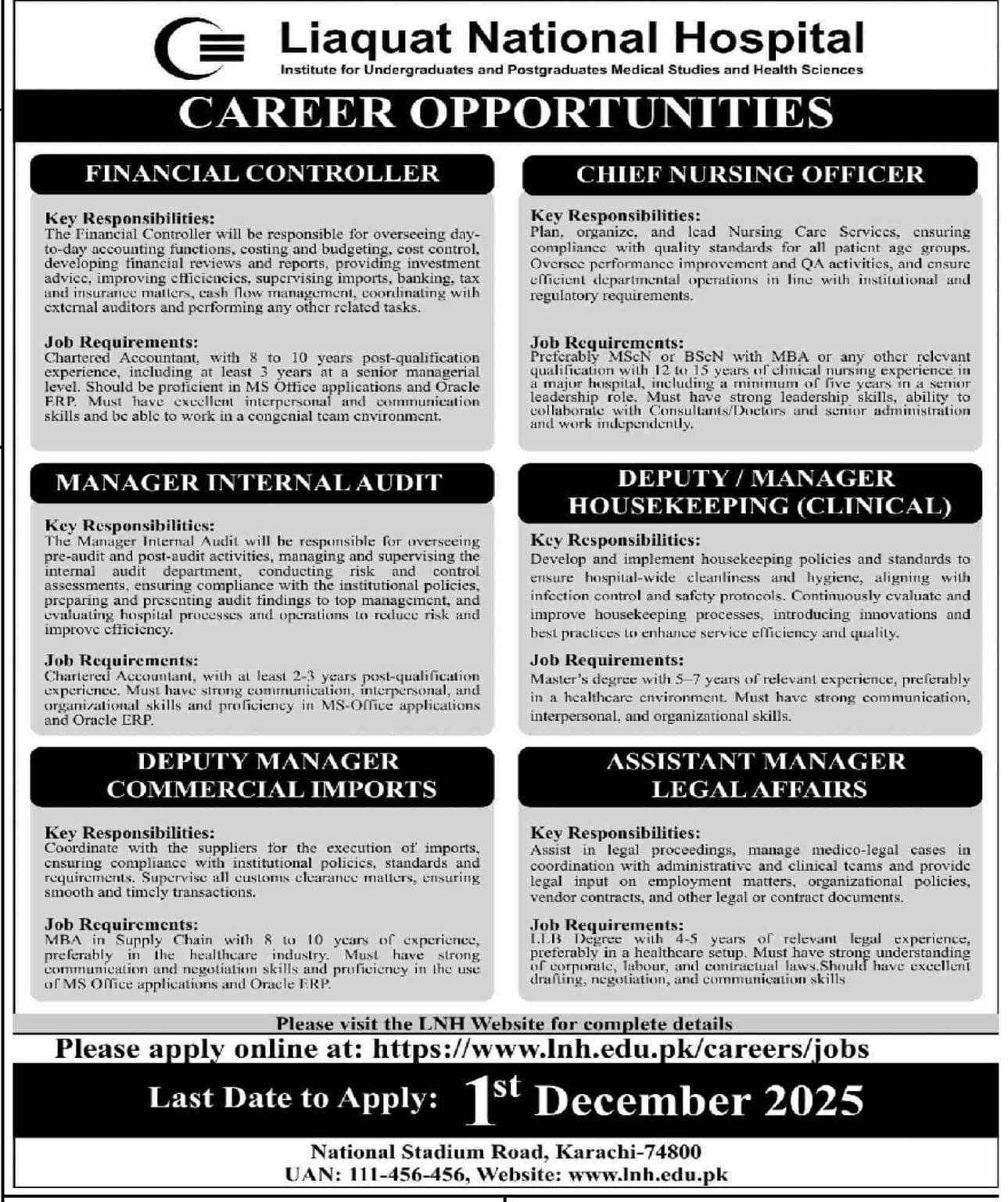Liaquat National Hospital LNH Karachi Jobs Apply Now New Roles