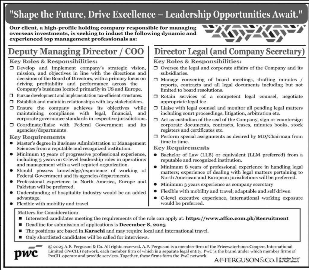 PWC Pakistan Karachi Jobs 2025 Apply Now