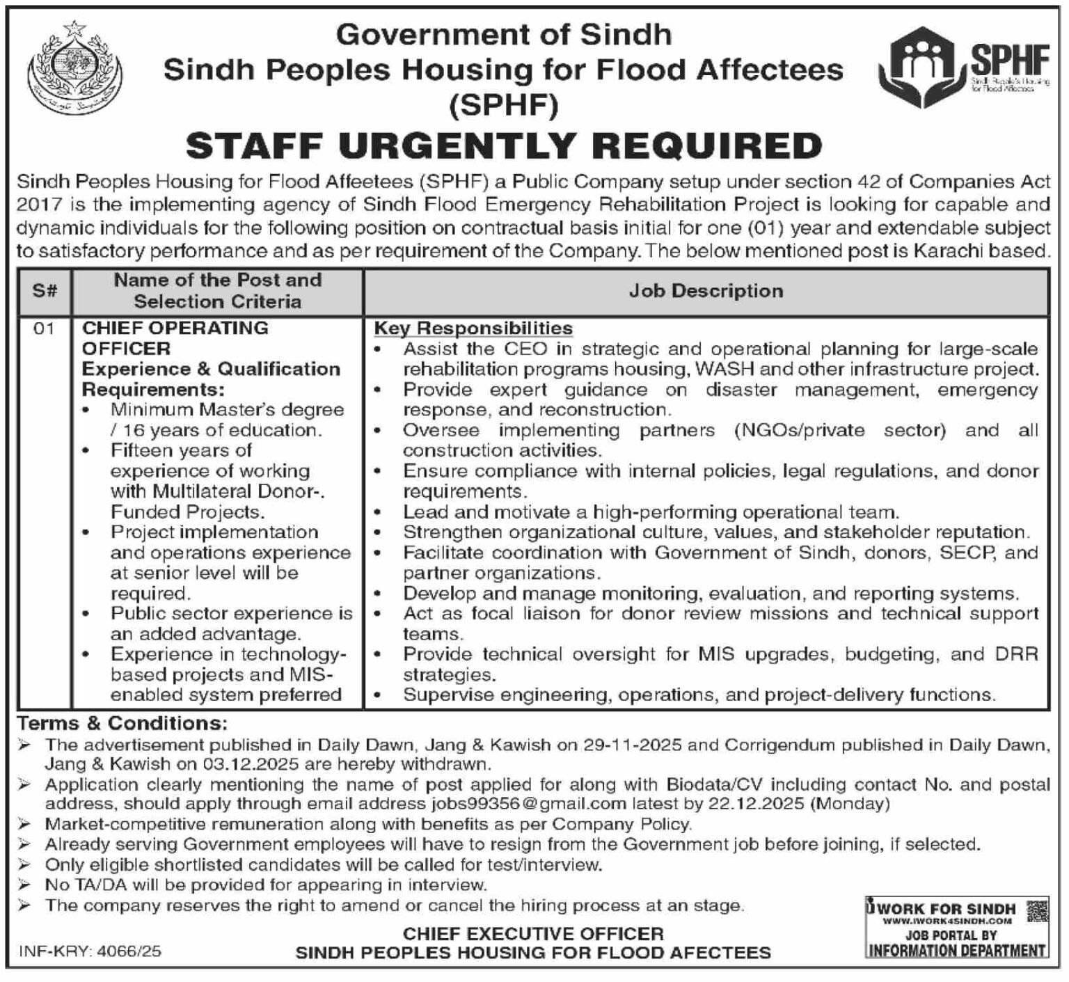Sindh Peoples Housing For Flood Affectees SPHF Jobs Roles New