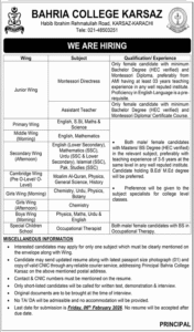 New Bahria College Karsaz Karachi Jobs 2026