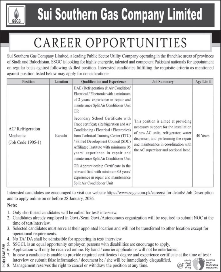 Jobs 2026 at Sui Southern Gas Company Limited SSGC