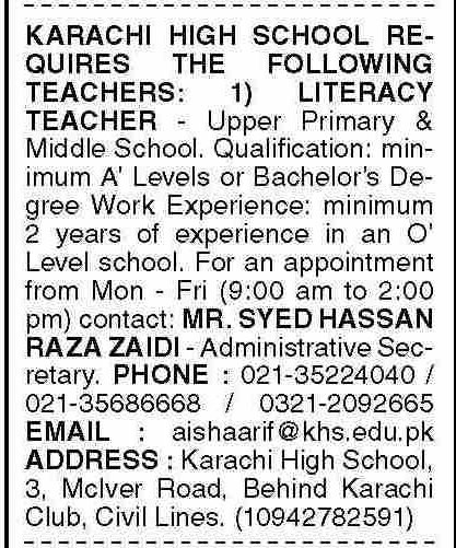Latest Karachi High School KHS Primary Middle Teacher Jobs 2026