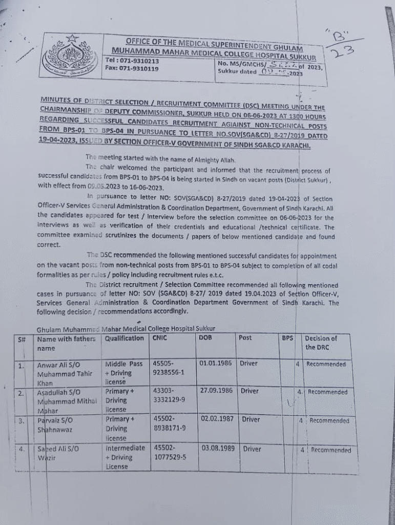 Grade 1 to 4 Health Department Candidates List