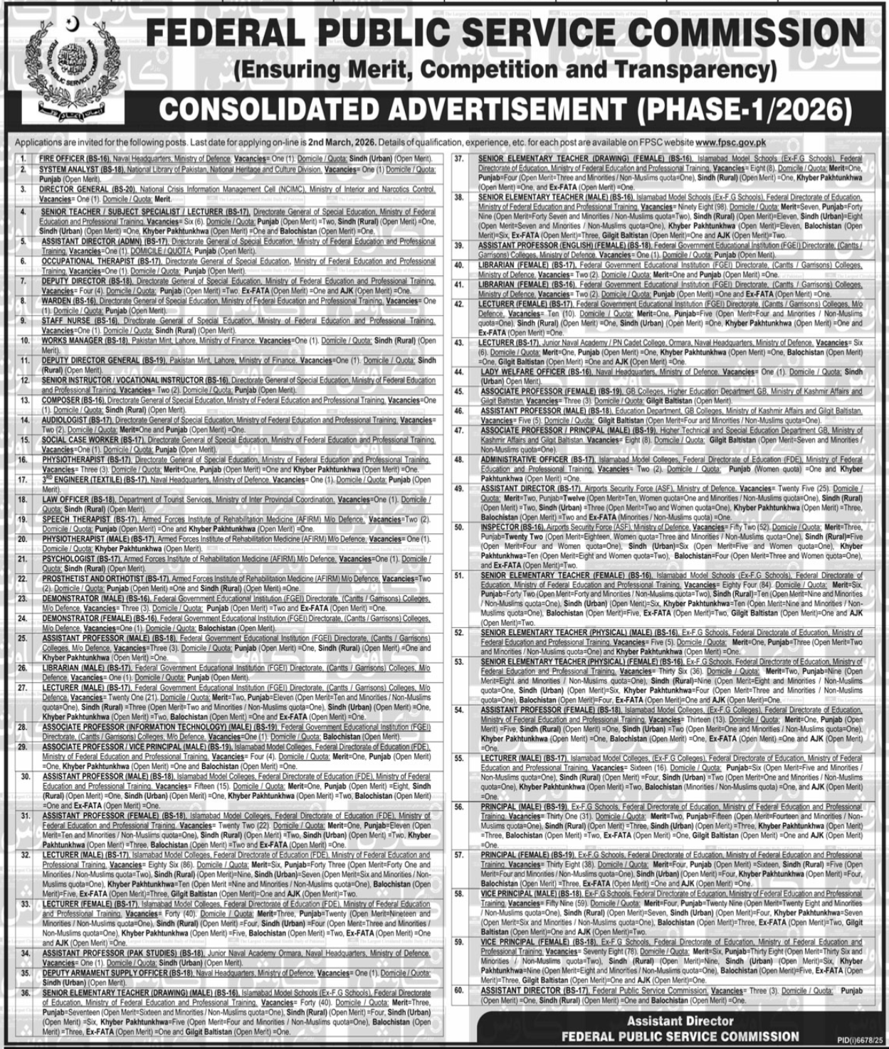Federal Public Service Commission FPSC Jobs new in 2026